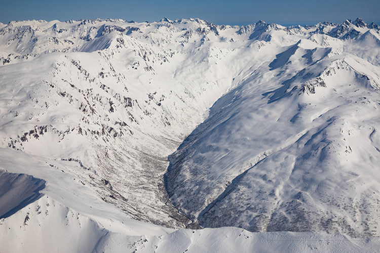 river valley in the main mountain range of Kodiak Island at Kodi ...