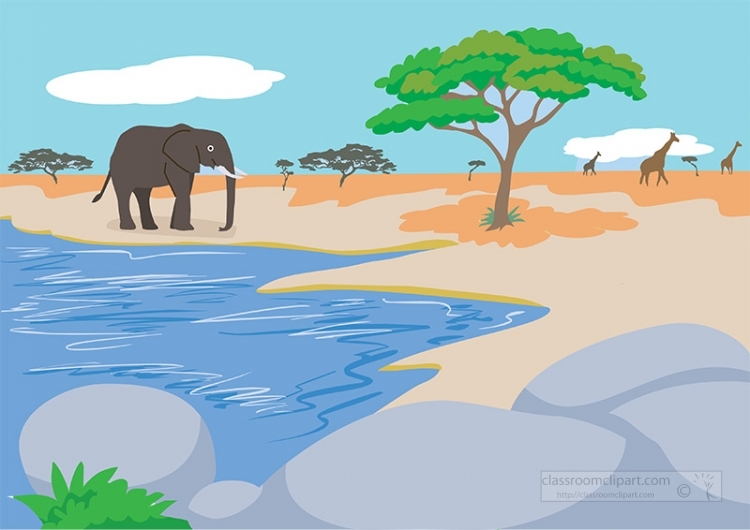 african savanna with elephant giraffe clipart - Classroom Clip Art
