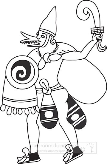 aztec man holding sword black line clipart - Classroom Clipart