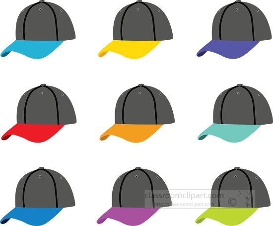 baseball hats in a variety of colors clipart - Classroom Clipart