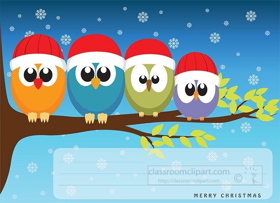 birds owls on branch merry christmas clipart - Classroom Clip Art