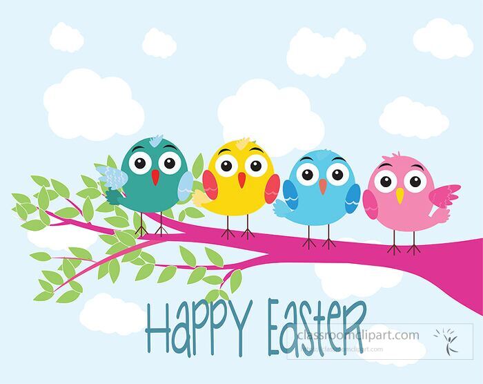 birds sitting on tree branch happy easter - Classroom Clip Art