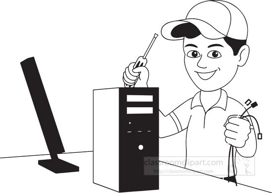 black white computer technician black white clipart - Classroom Clip Art