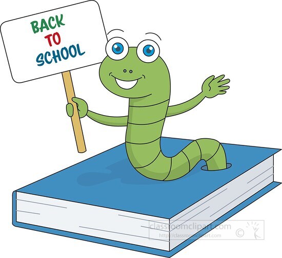 book worm in book with sign back to school clipart - Classroom Clipart