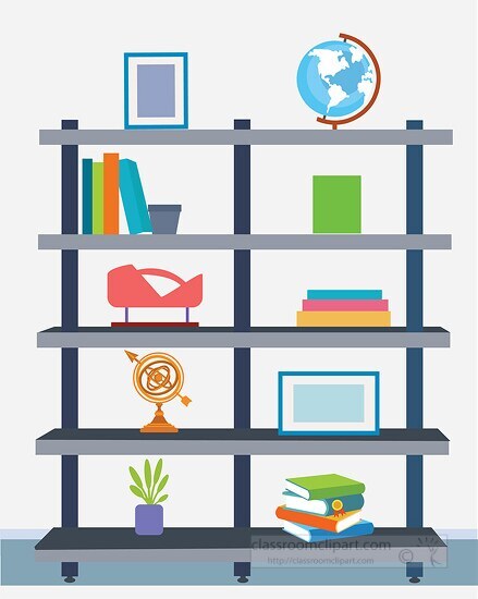 bookshelf with book plants globe picture frame clipart - Classroom Clip Art