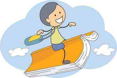 boy going school riding on book - Classroom Clipart