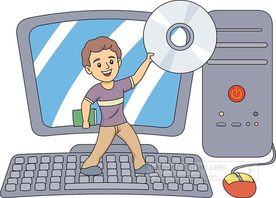 boy holding cd and book computer education - Classroom Clip Art