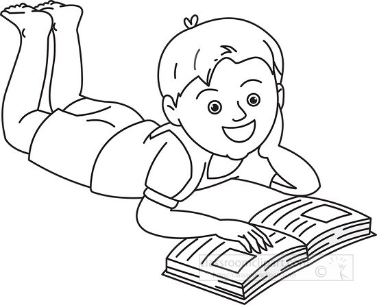 Free boy lying with reading book black outline - Classroom Clipart