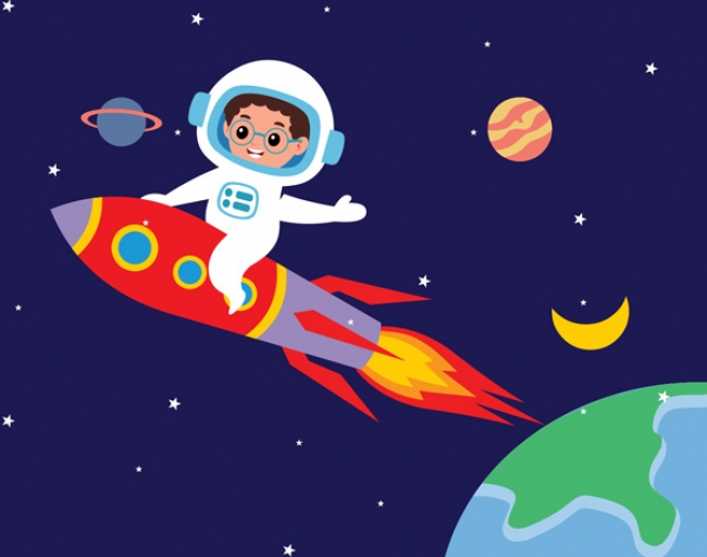 boy on rocket above earth animated clipart - Classroom Clip Art