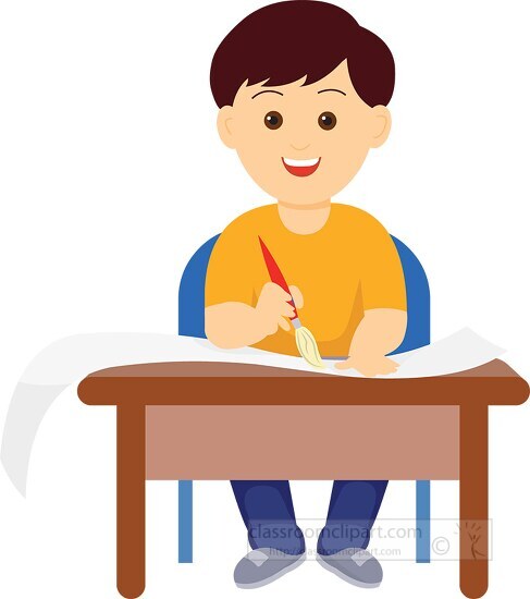 boy painting with brush on big paper at school clipart - Classroom Clip Art