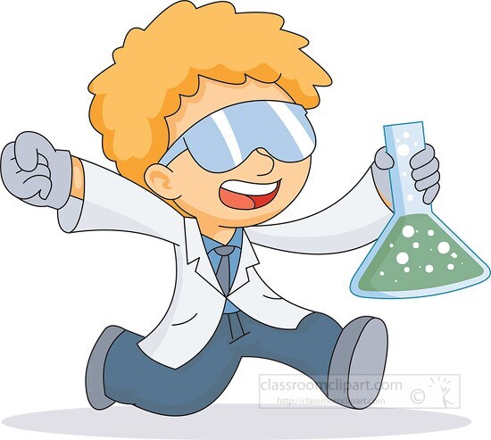 boy scientist running happily with test tube clipart - Classroom Clip Art