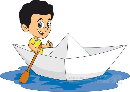 boy with paddle riding big paper boat clipart - Classroom Clip Art
