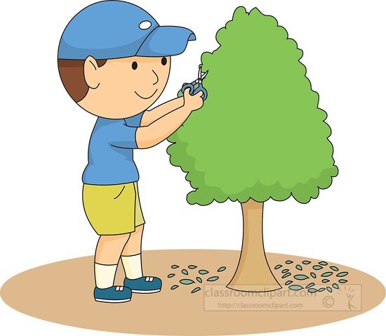 Free boy_cutting_tree_leaves.eps - Classroom Clipart