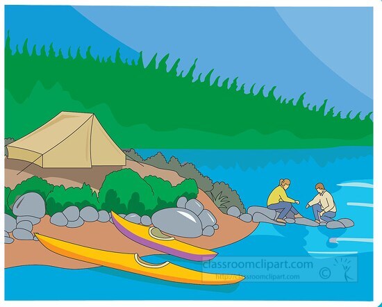 camping near lake with canoes clipart - Classroom Clip Art