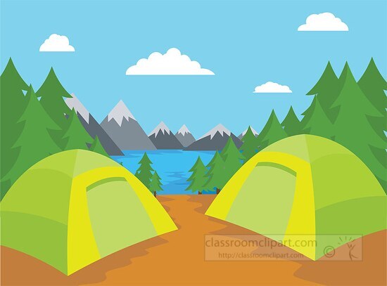 camping outdoor near mountain lake with tents clipart - Classroom Clip Art