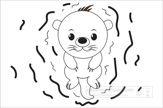 cartoon style black outline sea otter in water clipart - Classroom Clipart