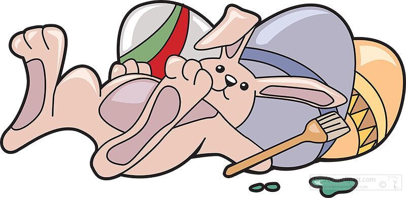 cartoon style bunny tired from painting eggs - Classroom Clip Art