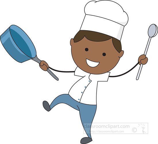 cartoon style chef dancing with frying pan and spoon - Classroom Clip Art