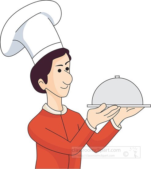 chef serving food on covered tray clipart - Classroom Clip Art