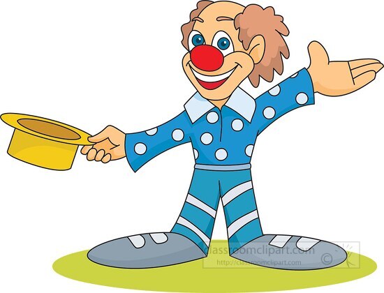 colorful smiling circus clown holding hat clipart - Classroom Clip Art