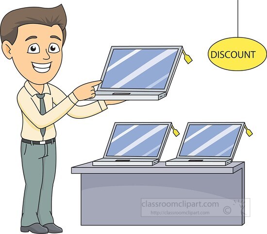 computer salesman holding up laptop computer - Classroom Clip Art