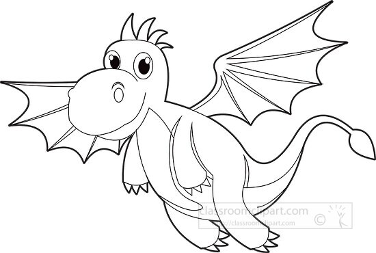 cute flying winged dragon black white outline clipart - Classroom Clip Art
