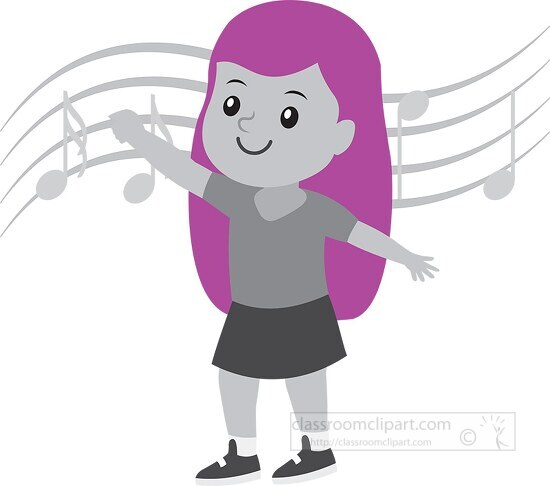 cute little girl dancing musical notes in background gray color ...