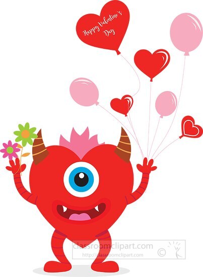cute red heart shaped monster holding valentine balloons 3 - Classroom ...