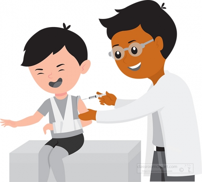 doctor holding syringe and injecting to a little boy with fractu ...