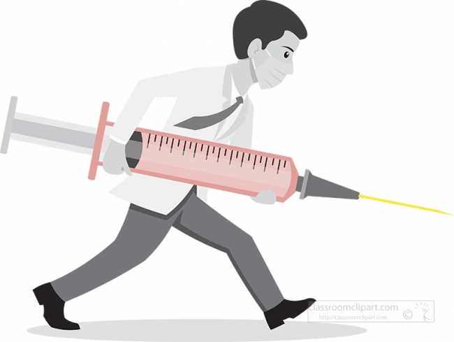 doctor running with large syringe in hand medical gray color ...