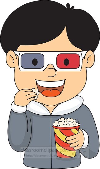 eating popcorns wearing three D glasses while watching movie cli ...