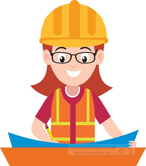 female engineer reading blueprint clipart - Classroom Clip Art