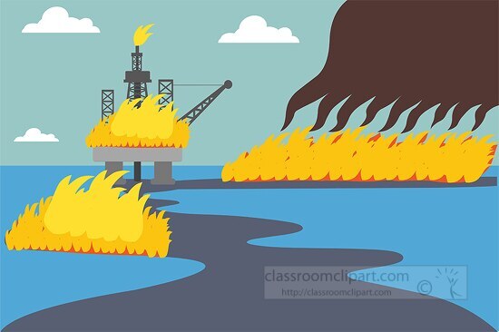 fire on oil rig platform oil spill in the ocean clipart - Classroom Clipart