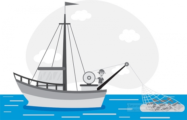 fisherman on fishing boat with their catch net full of fish gray ...