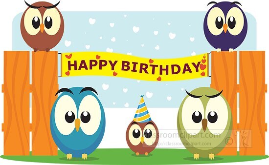 fun looking owls with birthday banner clipart - Classroom Clipart