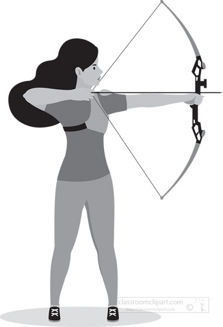 girl pulling back archery bow gray color - Classroom Clipart