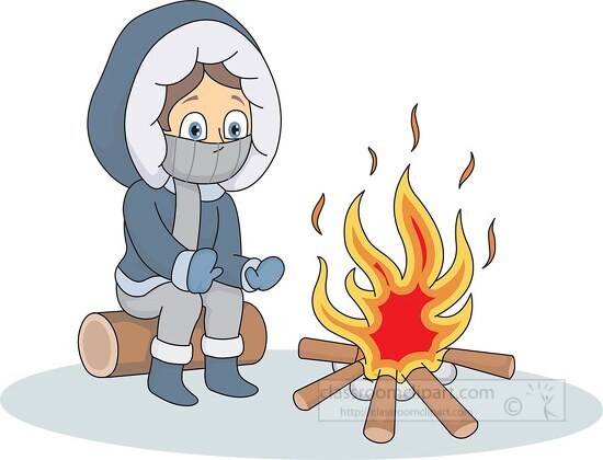 girl sitting near fire in winter clipart - Classroom Clip Art