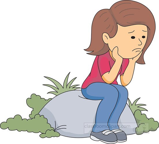 girl sitting on rock with sad face - Classroom Clip Art