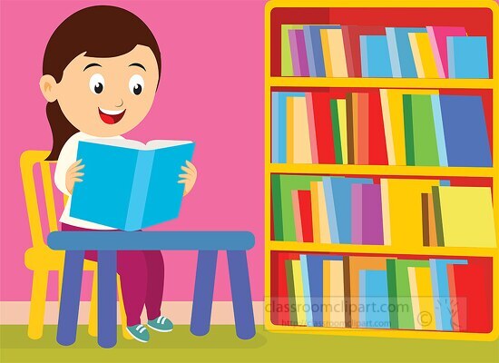 girl student reading in library clipart - Classroom Clip Art