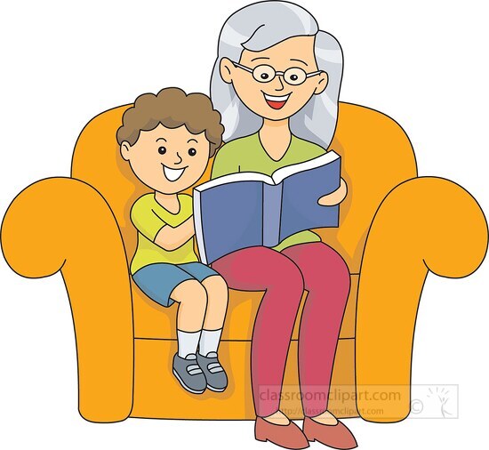 grandmother reading stories from book to child - Classroom Clip Art