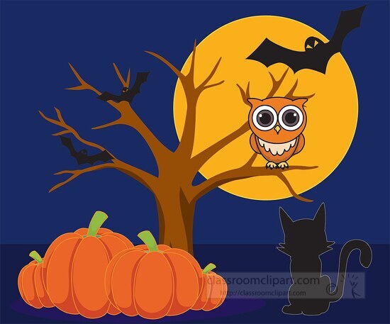 halloween pumpkins with owl bats cat - Classroom Clip Art