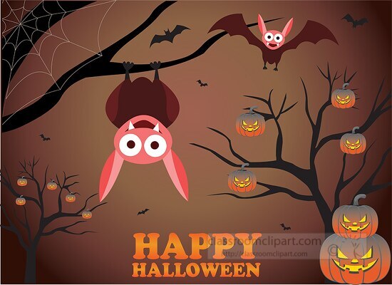 halloween with scary hanging bats on tree with pumpkin clipart ...