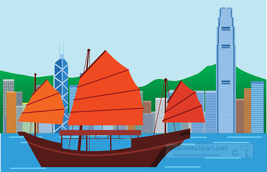junk boat in hong kong harbor with city in background clipart ...