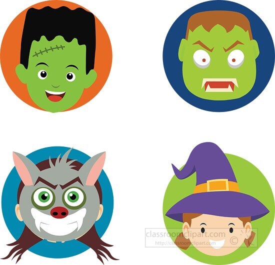 kids faces in halloween costumes icon set - Classroom Clip Art