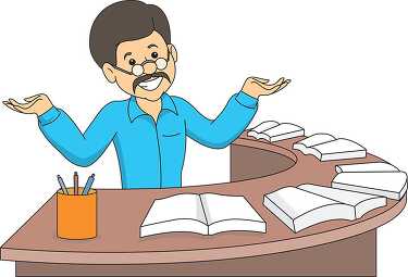 librarian sitting at desk surrounded by open book - Classroom Clip Art