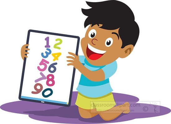 little boy playing number game on tablet clipart - Classroom Clip Art