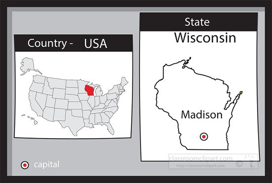 madison wisconsin state us map with capital bw gray - Classroom Clip Art