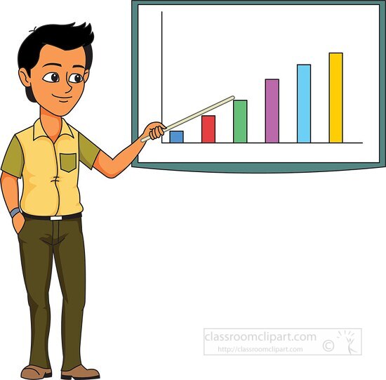 man in office pointing towards graph clipart - Classroom Clipart