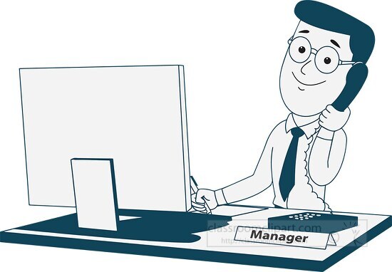 man talking on phone while working on computer - Classroom Clip Art