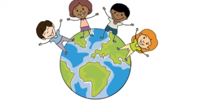 multicultural students on globe animation - Classroom Clip Art